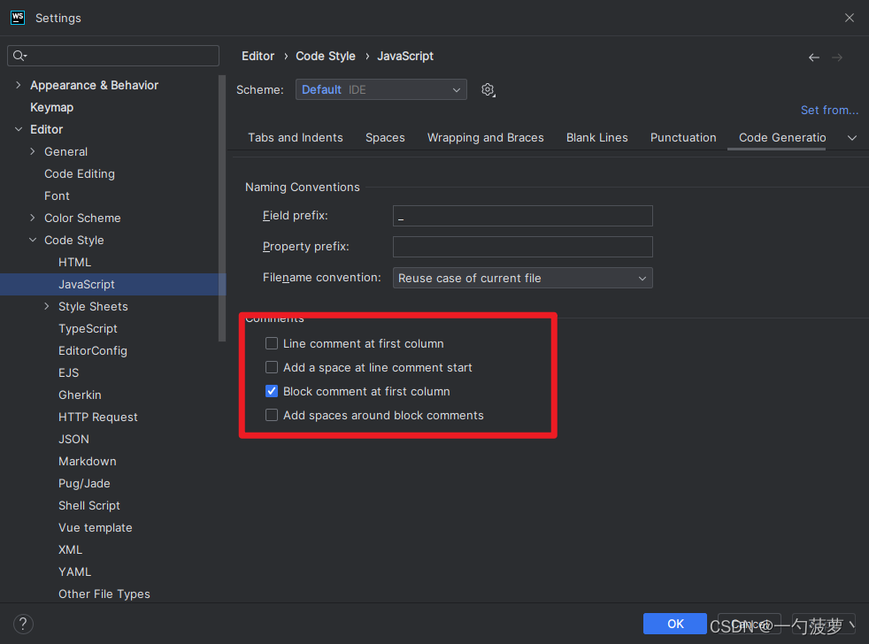 webstorm中Line comment at first column,Block comment at first column Add spaces around block..的作用 ...