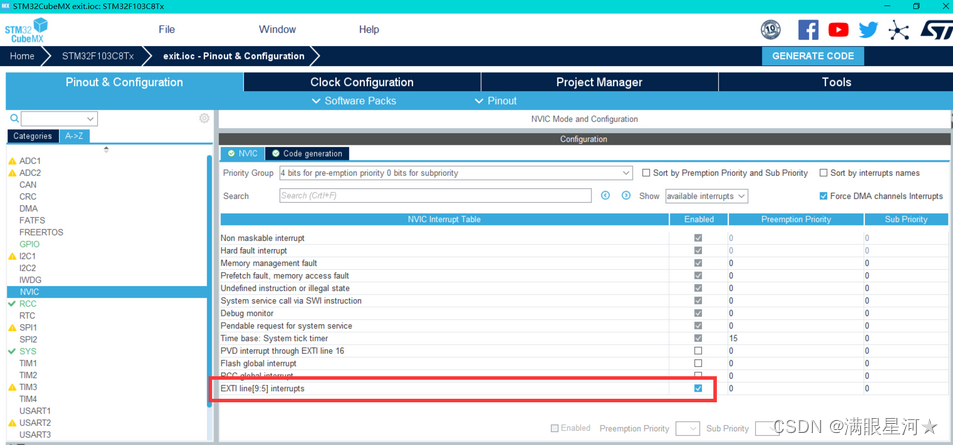 用stm32f103核心板的gpioa端一管脚接一个led，gpiob端口一引脚接一个开关（用杜邦线模拟代替）。采用中断模式编程，当开关接高电平时，led亮灯；接低电平时，led灭灯。 Csdn博客