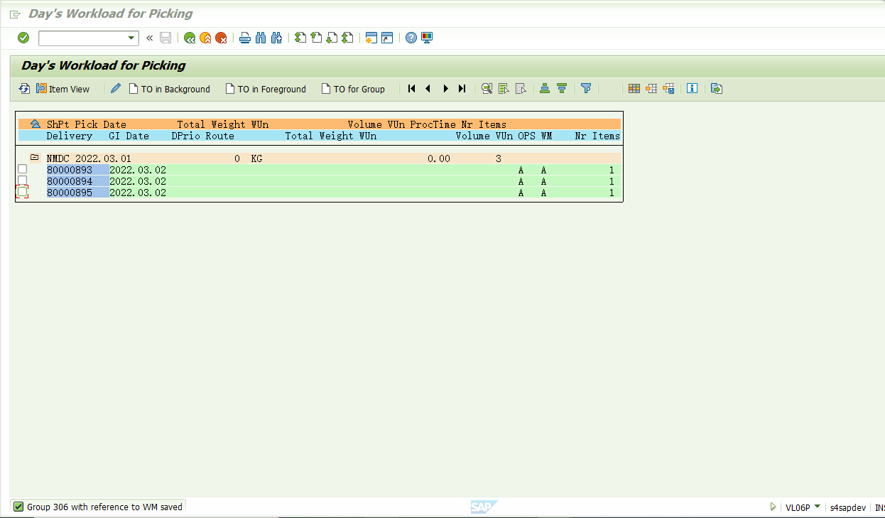 SAP WM 执行VL06P为交货单创建组，报错-TO for multiple deliveries only with delayed ...