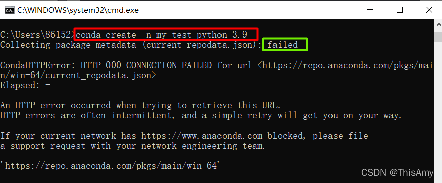 问题 Conda虚拟环境创建出错collecting Package Metadata Current Repodata Json Failed Conda Miniconda 执行