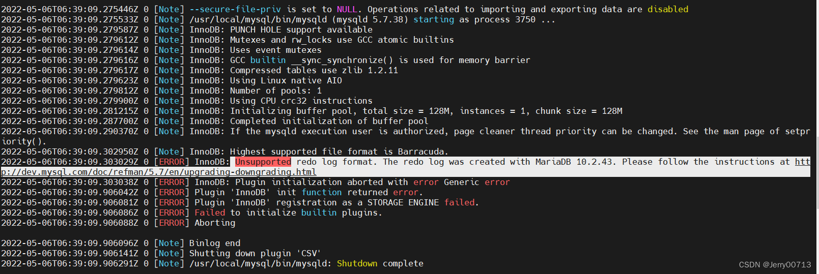 【mysql报错】Unsupported redo log format. The redo log was created with MariaDB 10.2.43._innodb ...