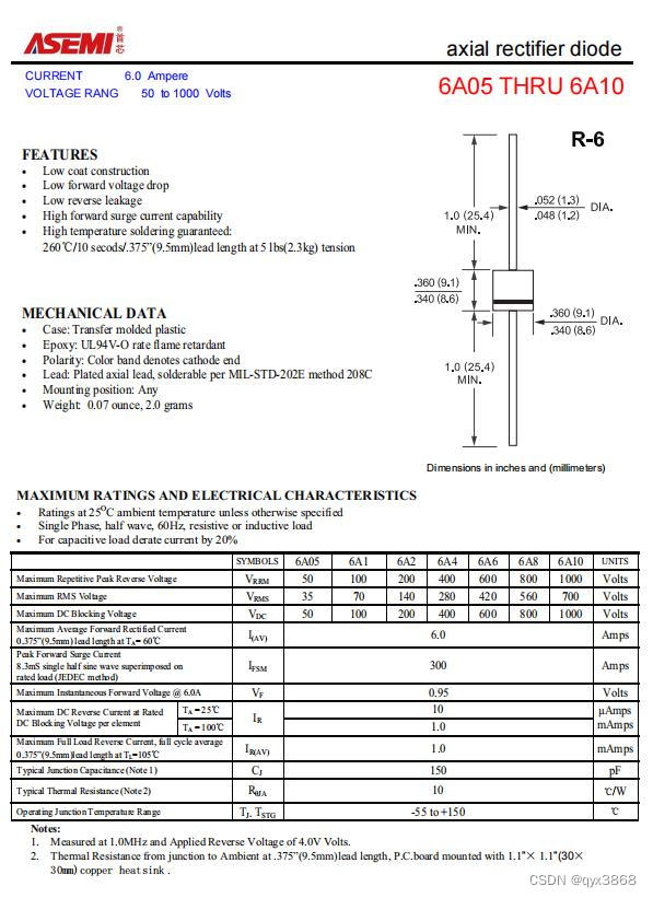 ASEMI快恢复二极管6A10参数，6A10规格，6A10封装_6a10整流二极管参数-CSDN博客