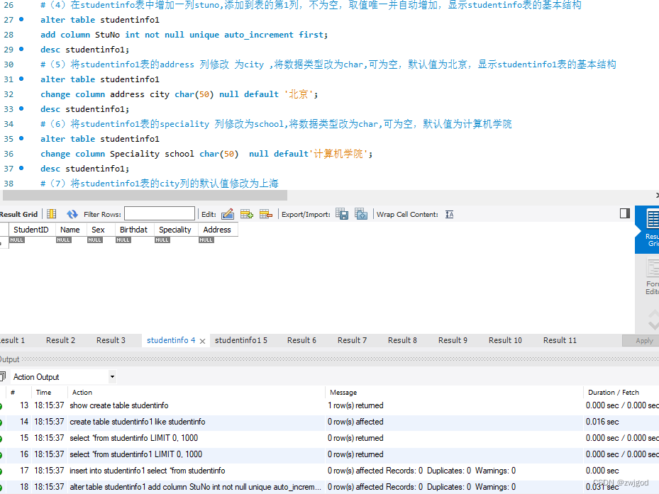 使用sql语句创建学生实验数据库(stuexpm)在数据库stuepxm中编写和调试创建表,查看表,修改表,删除表的代码使用sql语句 2919