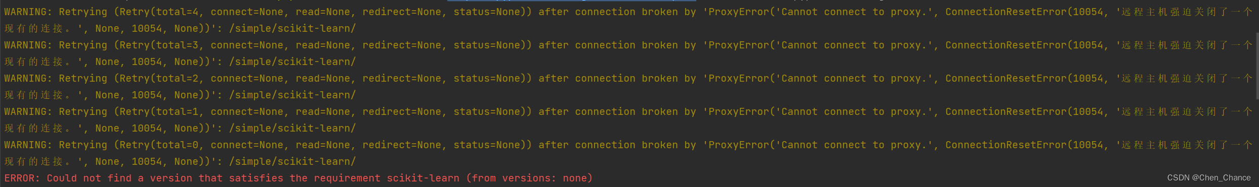 WARNING: Retrying (Retry(total=4, connect=None, read=None, redirect=None, status=None)) after ...