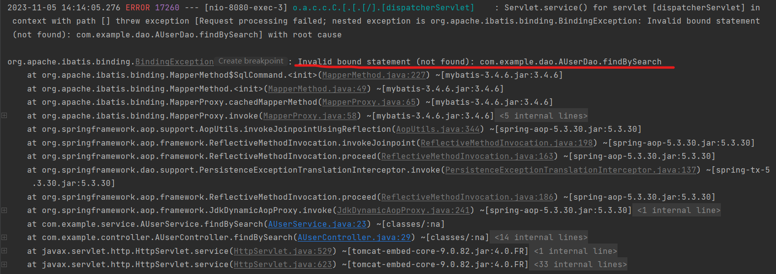 解决500报错：Invalid bound statement (not found): com.example.dao.×××Dao.findBy××× ，（找不到包名.类名.方法 ...