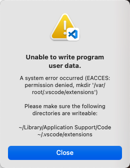 mac m1以root运行vscode：Unable to write program user data. - 代码先锋网