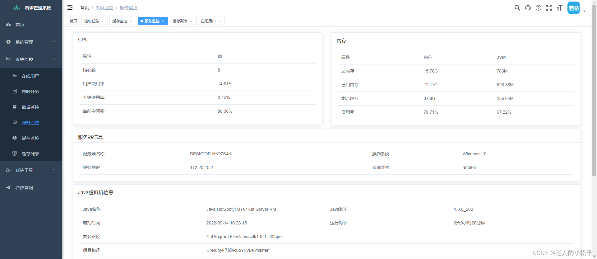 Ruoyi框架学习 服务监控若依框架数据监控 Csdn博客 