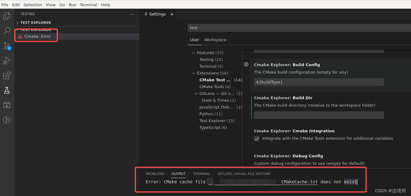CMake Test Explorer中Error:CMake cache file /../CMakeCache.txt does not ...