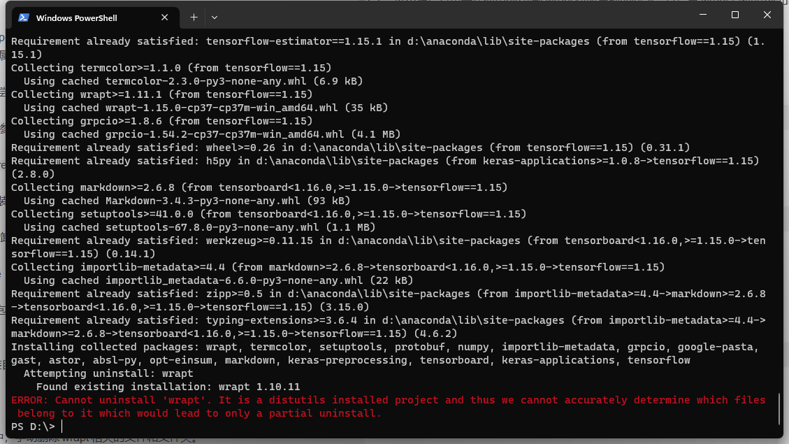 报错解决：ERROR: Cannot uninstall ‘wrapt‘. It is a distutils installed project and thus we cannot ...