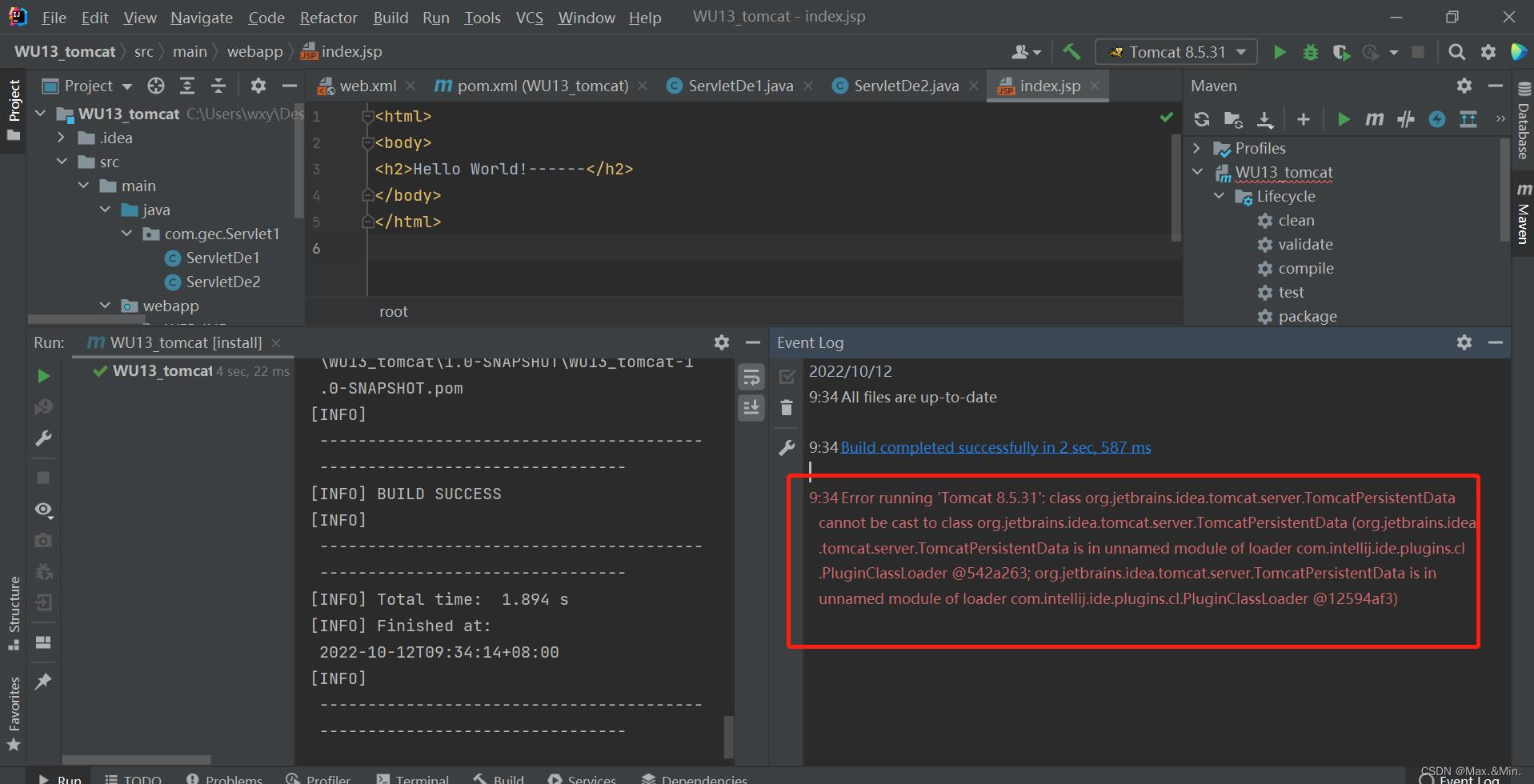 昨天晚上运行idea的maven项目，tomcat还可以运行，今天早上就不行了，显示disconnected from server，我按照网上说的改了，但报了以下错误-CSDN博客