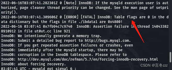 mysql容器无法启动( InnoDB: Table flags are 0 in the data dictionary but the flags in file ./ibdata1 ...