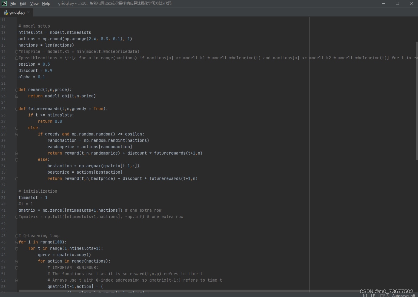 python代码：基于强化学习的智能电网的动态定价方法 摘要：提出了一种考虑服务提供商(SP)利润和用户(CUs)成本的分级电力市场中能量管理的动态定价DR算法_强化学习辅助无线智能电网的动态 ...