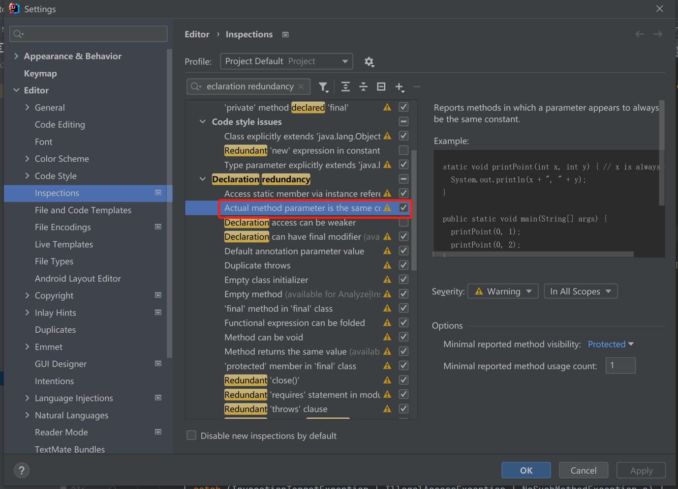 IDEA java关闭某些代码检查提示Warning_actual value of parameter-CSDN博客