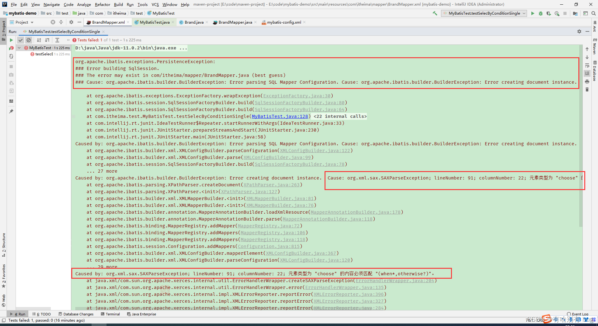 Cause: org.xml.sax.SAXParseException； lineNumber: 91； columnNumber: 22； 元素类型为 “choose“ 的内容必须匹配 ...
