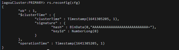 mongodb Reconfig attempted to install a config that would change the implicit default write ...