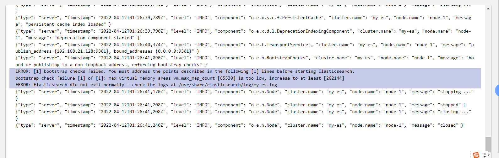 【Error】max virtual memory areas vm.max_map_count [65530] is too low, increase to at least ...