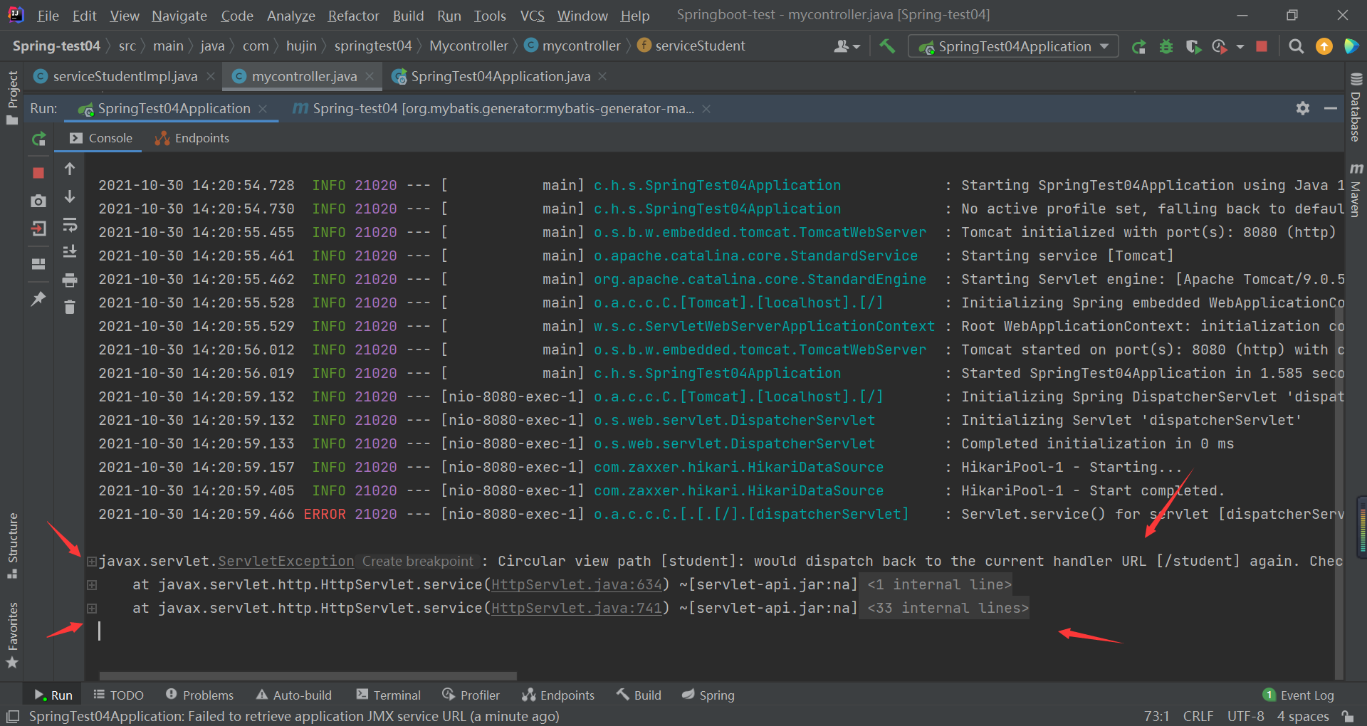 javax.servlet.ServletException: Circular view path [student]: would dispatch back to the current ...