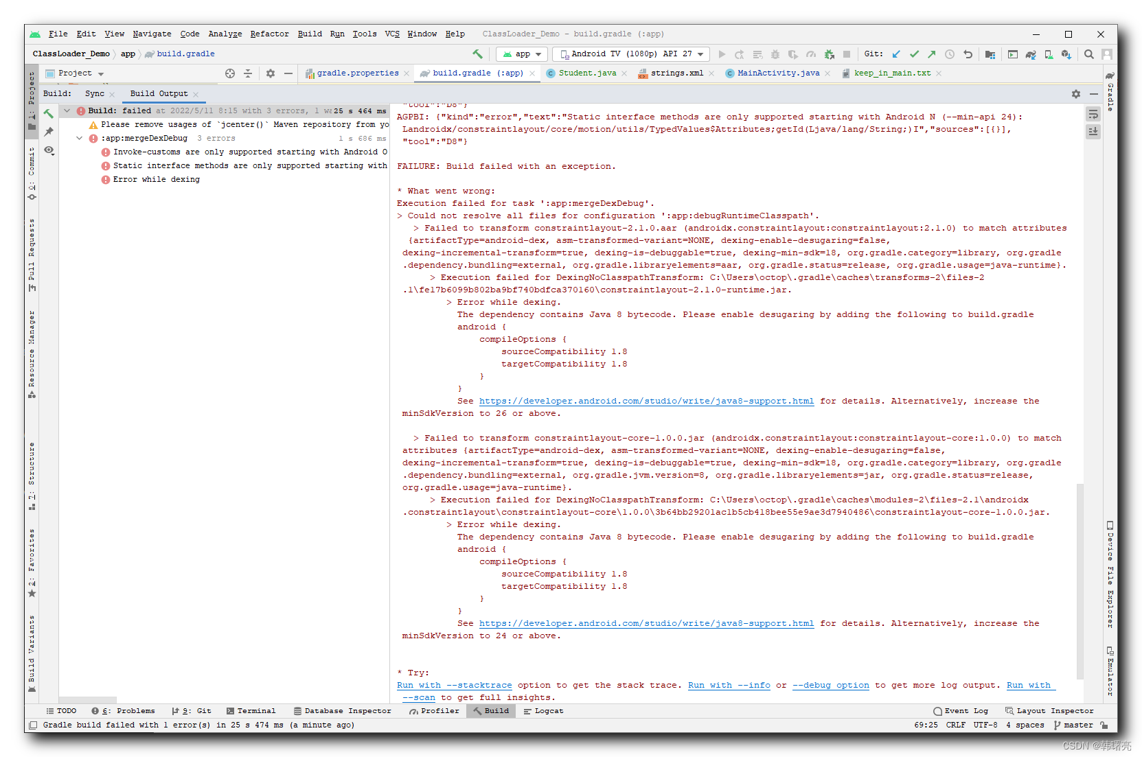 【错误记录】Android Studio 编译报错 ( The dependency contains Java 8 bytecode. Please enable desugaring by ...