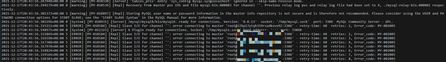mysql 8.0 + Last_IO_Error: error connecting to master ‘root@XXX:3306‘ - retry ..._error ...