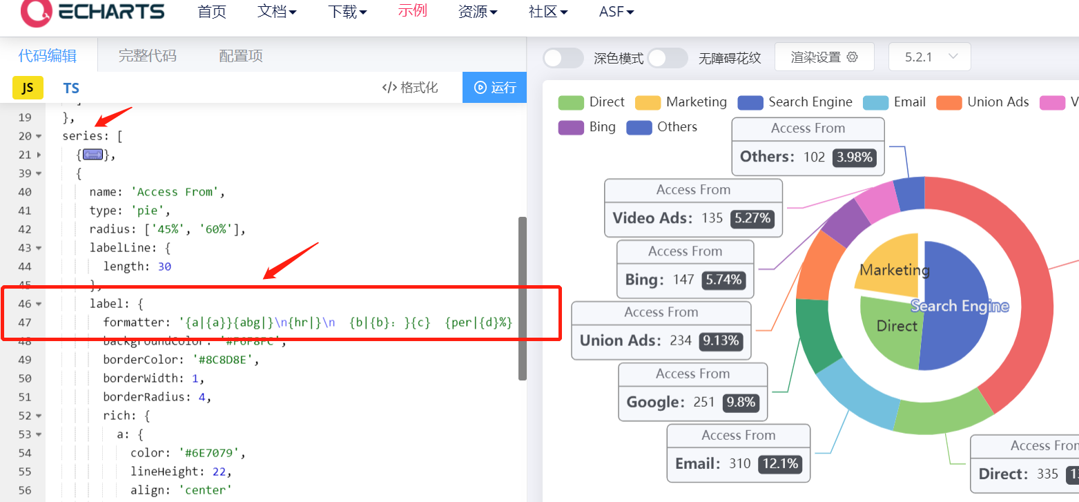 echarts踩坑：echarts series label formatte 不显示（关于Echarts中formatter实现动态数据的方法）_echarts series ...