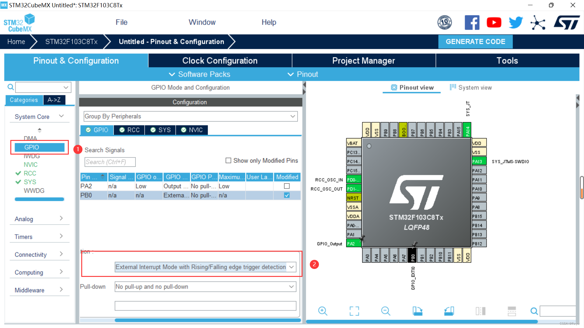 Stm32中断模式控制led灯亮灭stm32二个led灯一个灯亮一个灯灭 Csdn博客