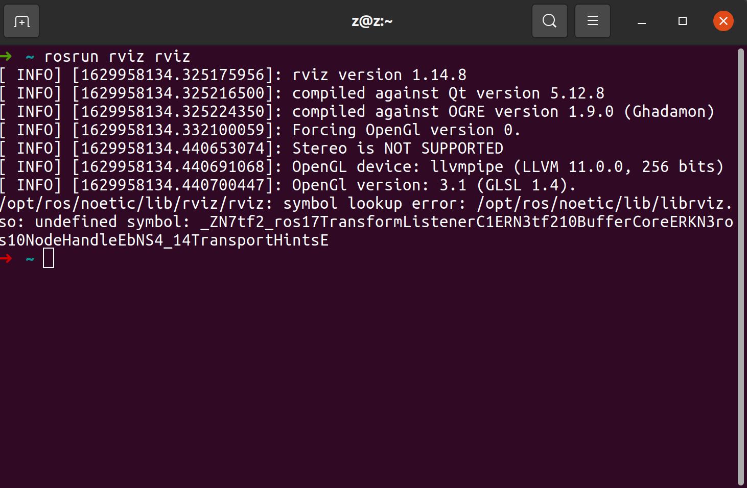 Ubuntu20.04.2+ROS noetic打开rviz报错：...symbol lookup error...librviz.so: undefined symbol:_在 ...