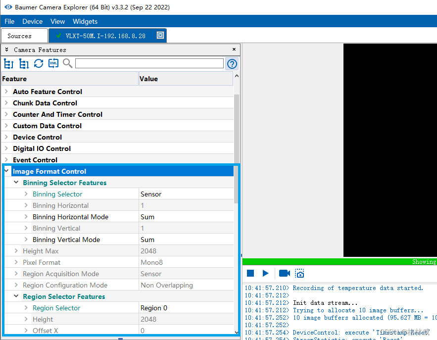 Baumer工业相机堡盟相机如何使用CameraExplorer软件查看相机图像相关参数如Binning像素合并、ROI图像剪切、PixelFormat像素格式功能等_堡盟cexplorer ...