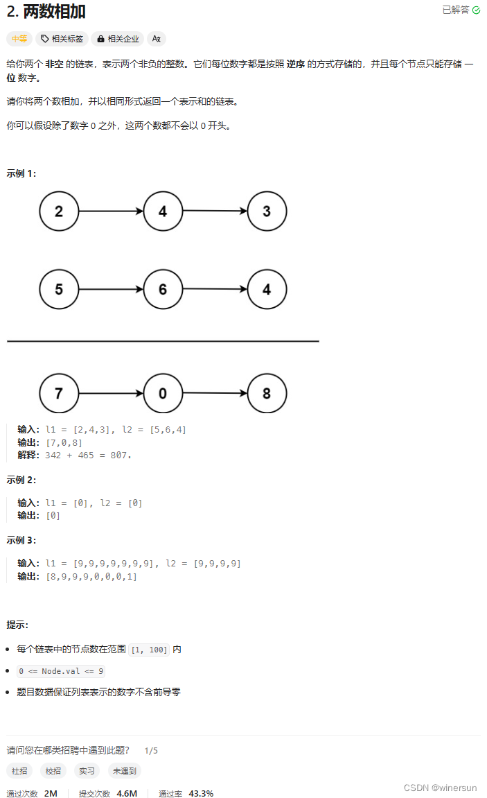 力扣 两数相加 Csdn博客