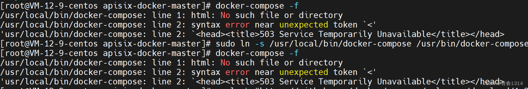 /usr/local/bin/docker-compose: line 1: html: No such file or directory_docker-compose:行1: html ...