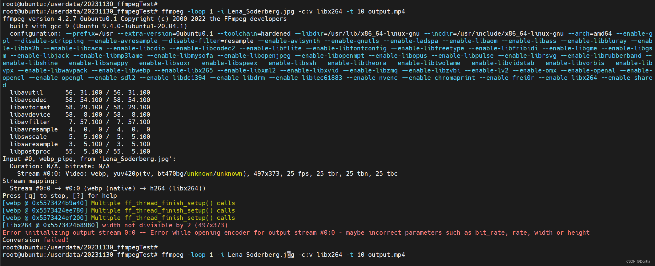 ffmpeg将图片转换为视频报错：width not divisible by 2（原因：H.264使用4x4和16x16的块进行编码，输入图像宽度或者高度需要能被2整除）图片转视频-CSDN博客