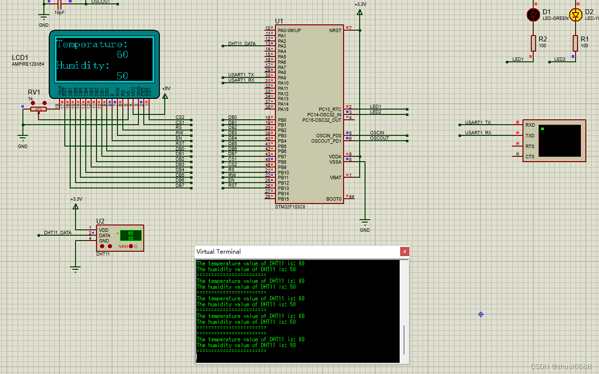 Proteus8.0仿真应用设计（十七）基于FreeRTOS、STM32F103C8、HAL库、DHT11、LCD12864的温度、湿度采集应用设计仿真_proteus stm32 dht11 ...