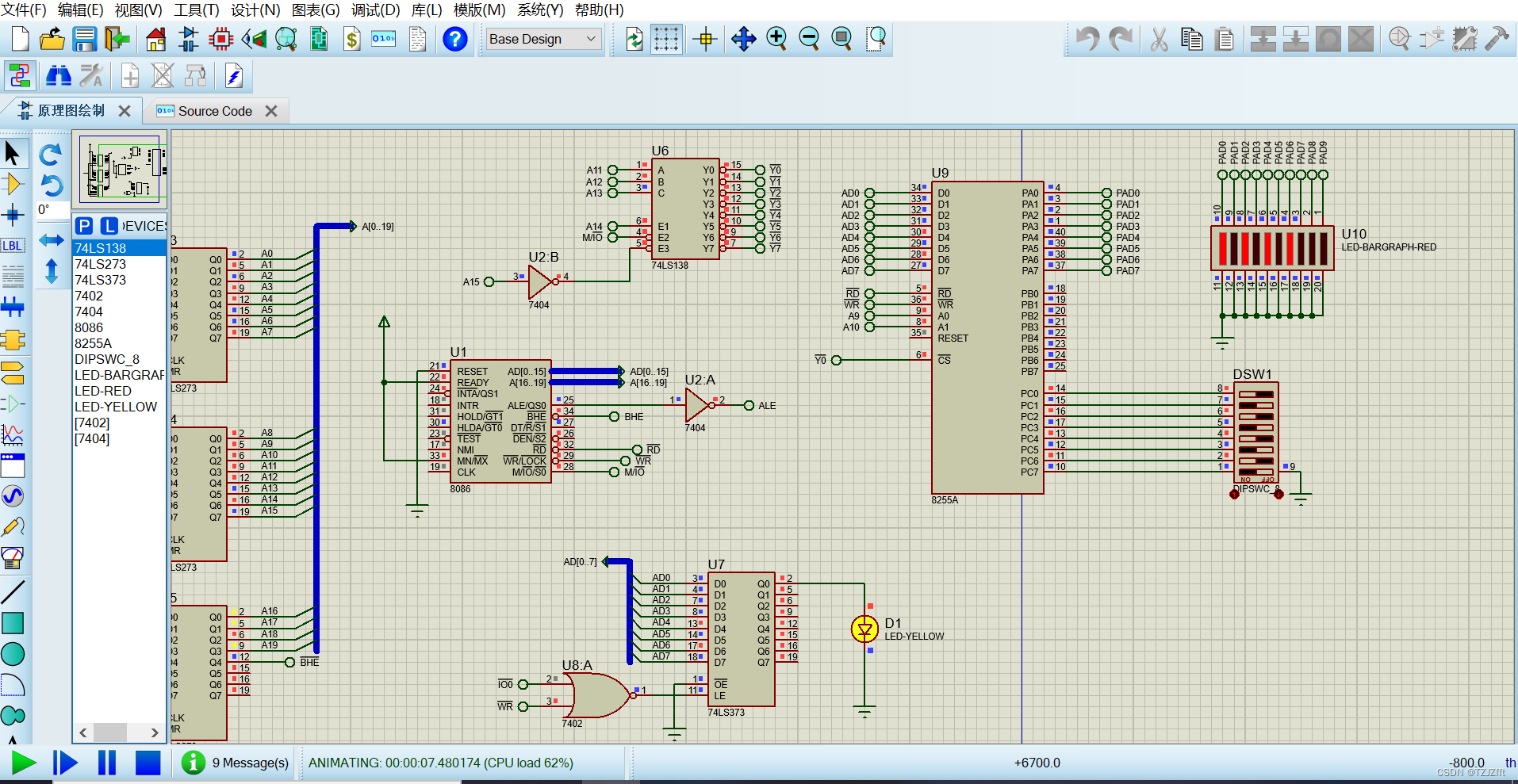 8086最小系统+8255 C口输入 A口输出 Proteus仿真_proteus8086最小系统-CSDN博客