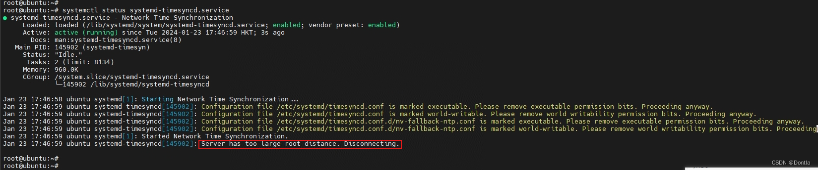 ubuntu systemd-timesyncd 时间同步（ntp同步）报错：Server has too large root distance. Disconnecting.解决办法（根 ...