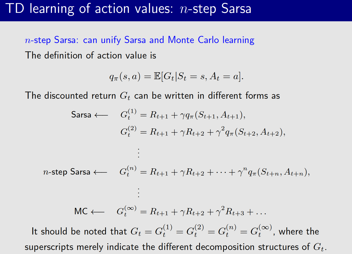 强化学习-赵世钰（七）：TD-＞Sarsa-＞n-step Sarsa（on-line）【Sarsa&MC】【求贝尔曼公式】-＞Q-learning（off-line）【PPT】_sarsa和 ...