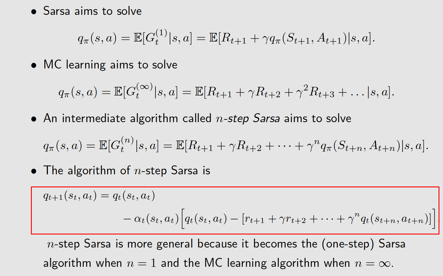 强化学习-赵世钰（七）：TD-＞Sarsa-＞n-step Sarsa（on-line）【Sarsa&MC】【求贝尔曼公式】-＞Q-learning（off-line）【PPT】_sarsa和 ...