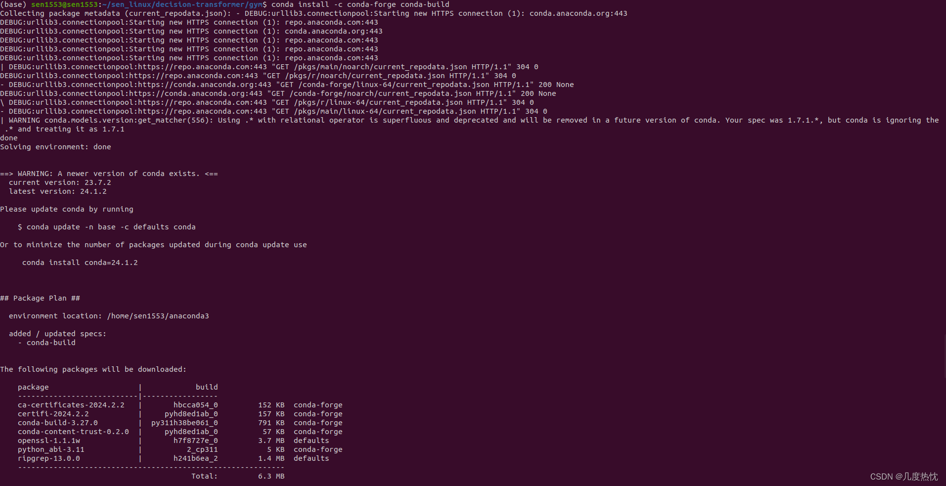 【Anaconda报错】DEBUG:urllib3.connectionpool:Starting new HTTPS connection (1): repo.anaconda.com ...