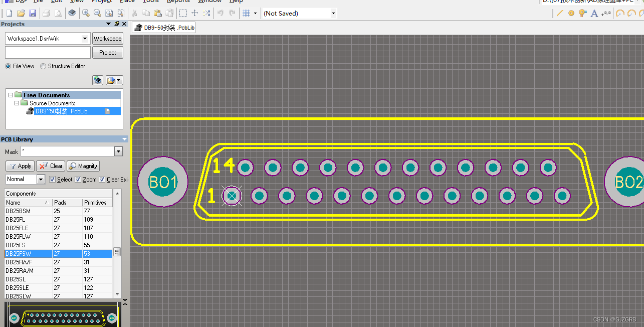 常用接插件 DB9 DB15 DB25 DB37 DB50直插90度弯针型孔型Altium库 AD元件库 (PCB封装库)_db25库-CSDN博客
