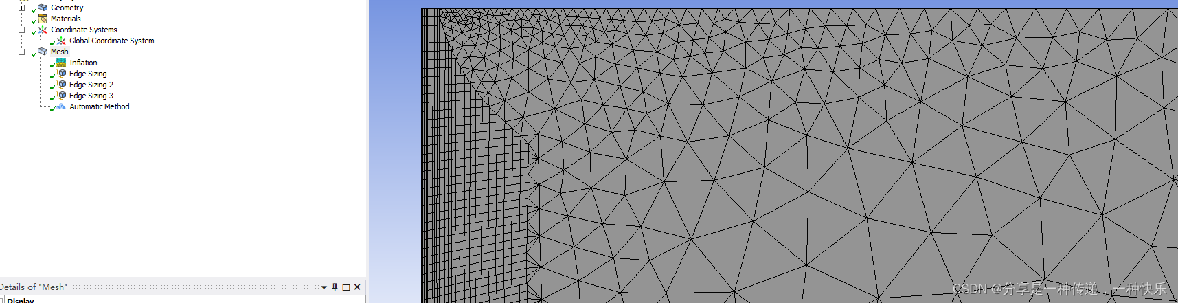 ansys meshing中设置了automatic method为四边形为主，但是不知道为何还是生成了三角形网格？下面把主界面的sizing 里面的growth rate默认为1.2改为1. ...