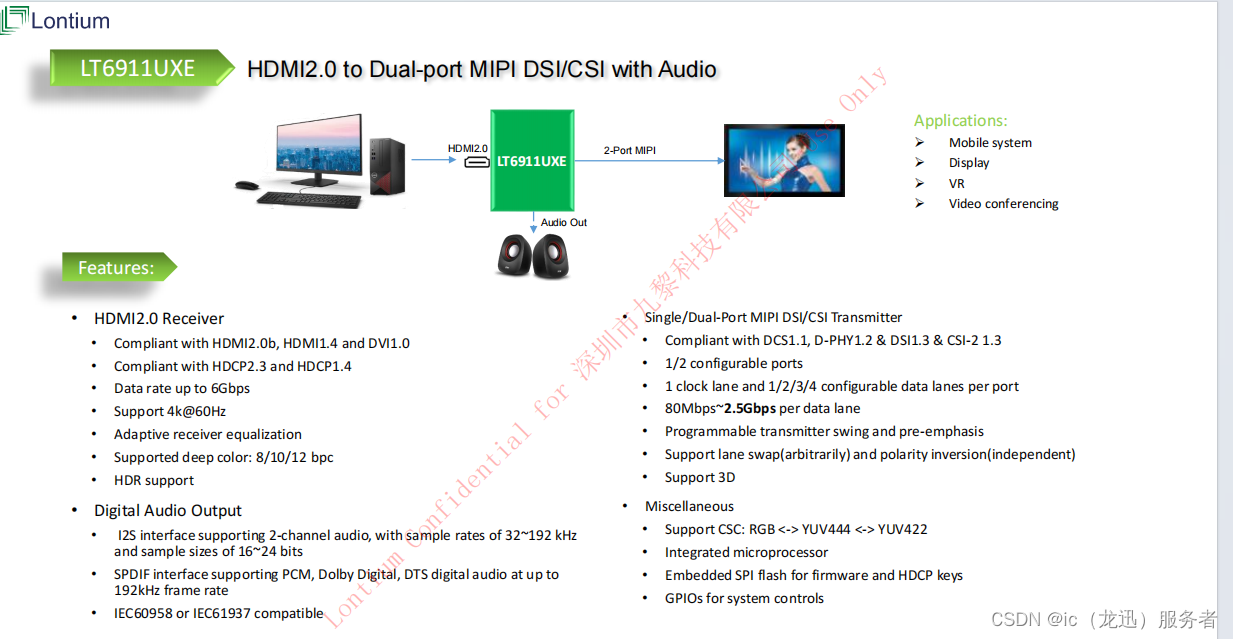 国产龙迅芯片LT6911UXE HDMI2.0 至 MIPI DSI/CSI 转换器应用详情_龙讯lt6911-CSDN博客