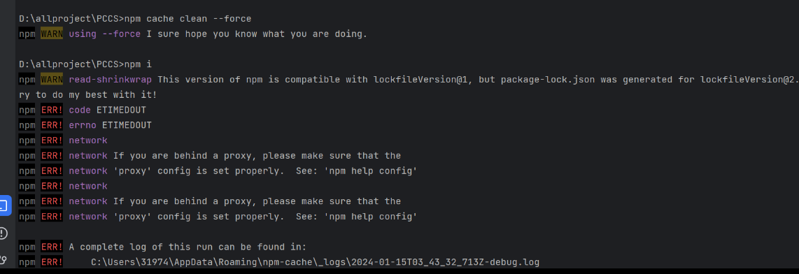 【npm i】code ETIMEDOUTERR! errno ETIMEDOUTnpmnpmERR! network If you are behind a proxy, please ...