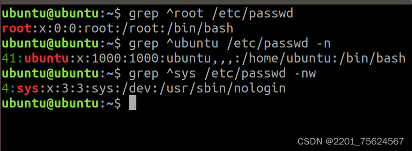 1、在/etc/passwd中查找root用户所在行grep ^root /etc/passwd2、在/etc/passwd中查找Ubuntu用户的所在行并显示行号grep ^ubuntu ...
