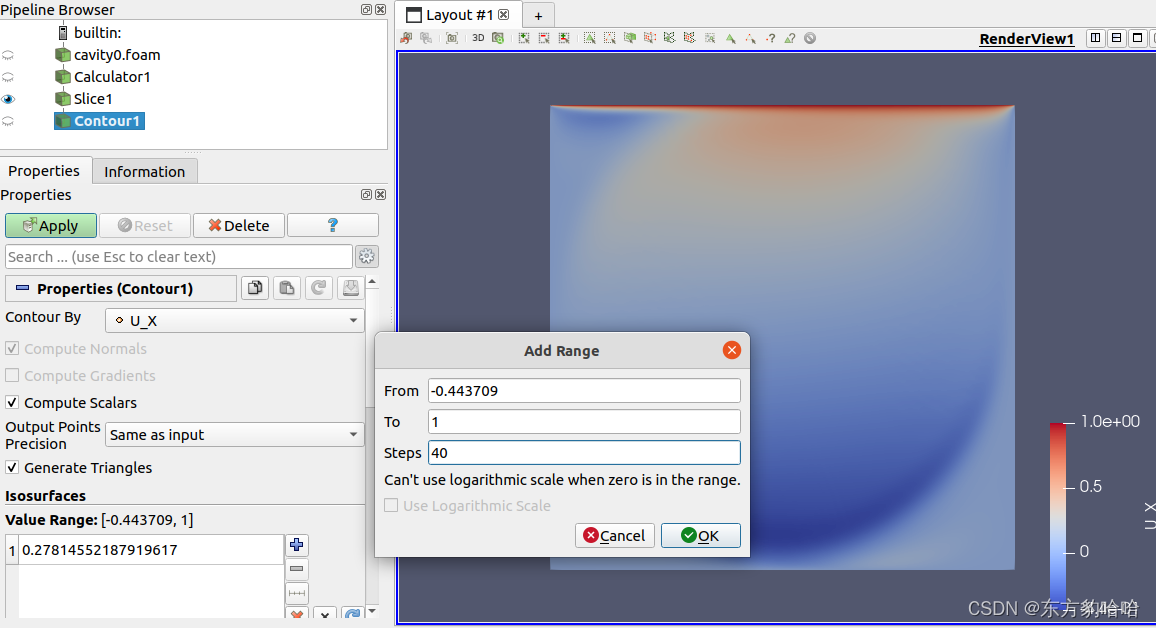 OpenFOAM中的cavity算例在paraview中取速度等值线_paraview云图等值线-CSDN博客