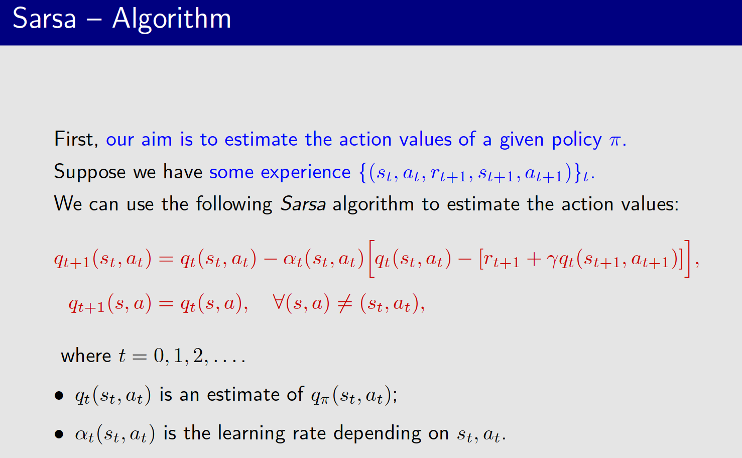 强化学习-赵世钰（七）：TD-＞Sarsa-＞n-step Sarsa（on-line）【Sarsa&MC】【求贝尔曼公式】-＞Q-learning（off-line）【PPT】_sarsa和 ...