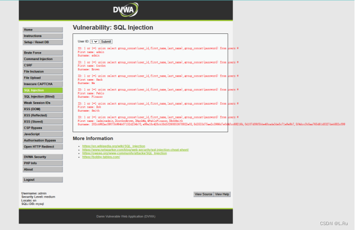 DVWA-SQL Injection模块展开实验_利用kali linux对dvwa的sql injection模块展开实验,包括: 6.low等级;-CSDN博客