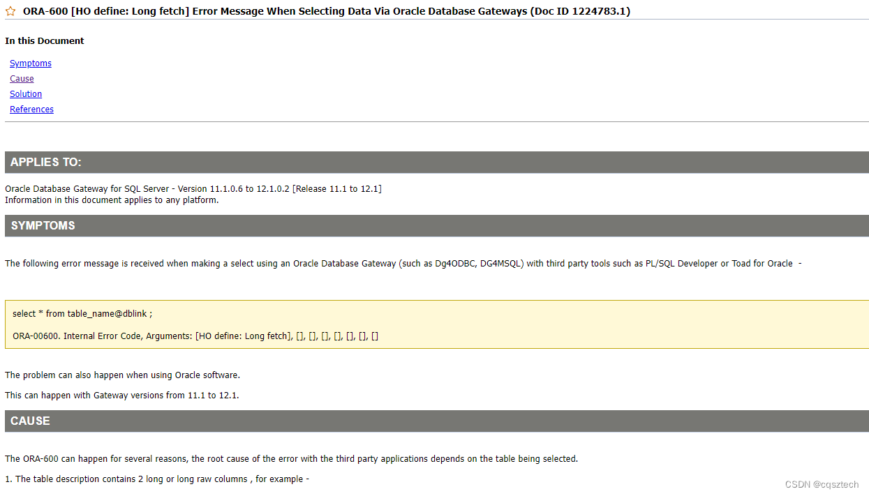 在ORACLE提取SQLSERVER的表报ORA-600 [HO define: Long fetch]_ora-00600 internal error code,arguments:[ho ...