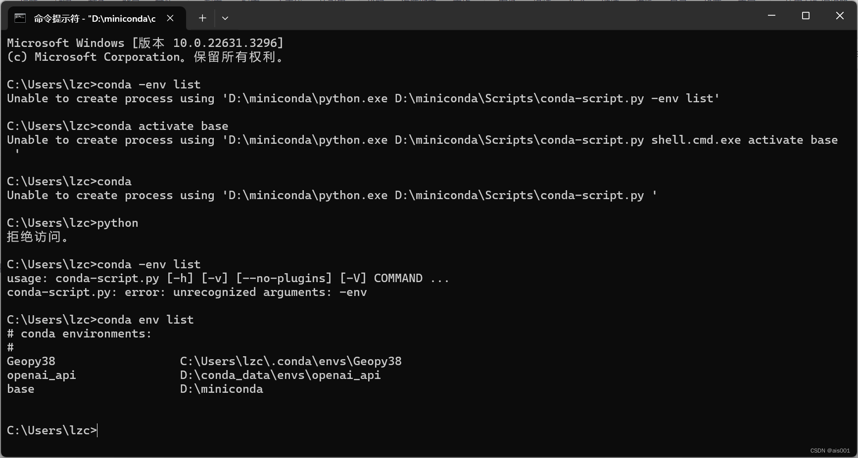 miniconda出现unable to create process using /……/python.exe d:\miniconda\scripts\conda-script.py ...
