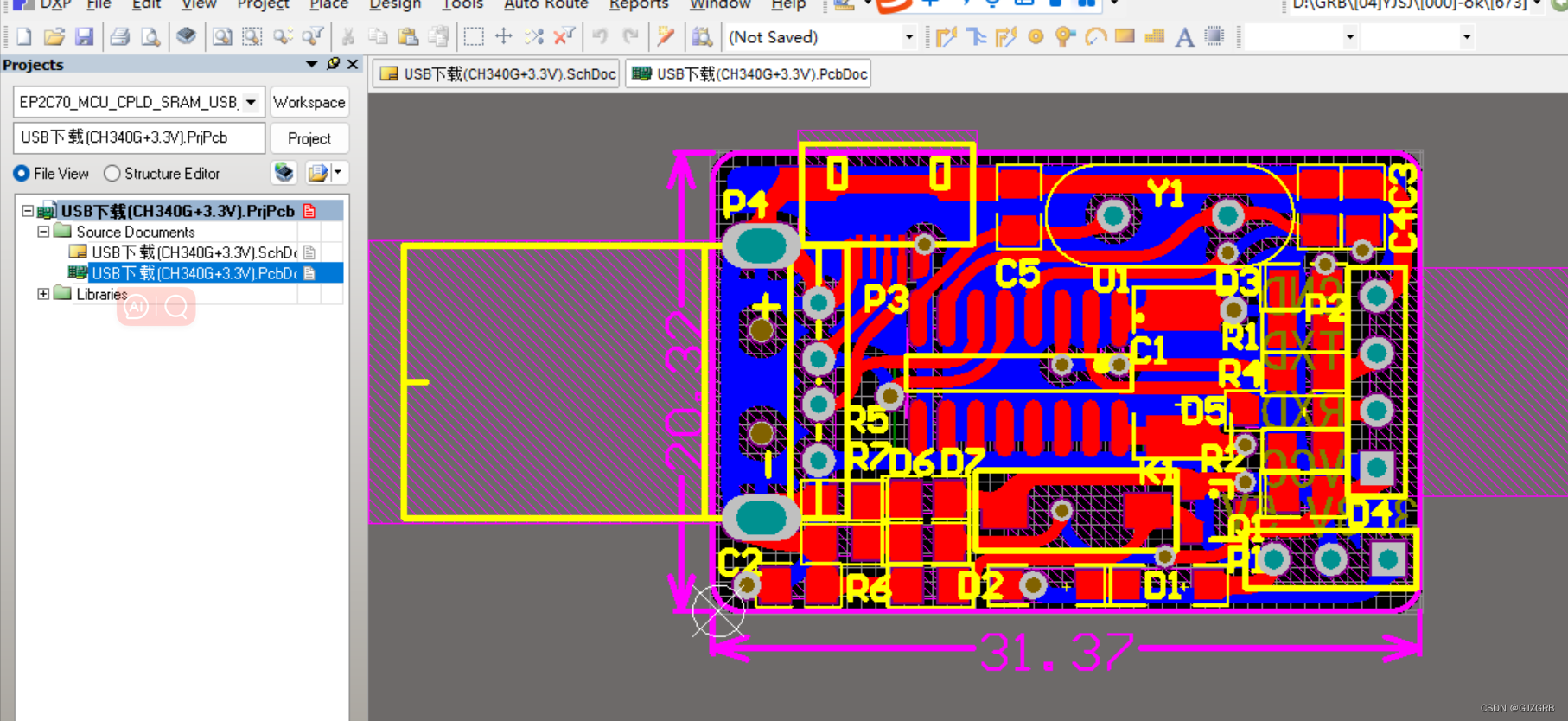 基于CH340G芯片设计 3.3V USB转串口小板 硬件（原理图+PCB+封装库）工程文件.，AD09设计的工程文件_usb转串口ch340 ...