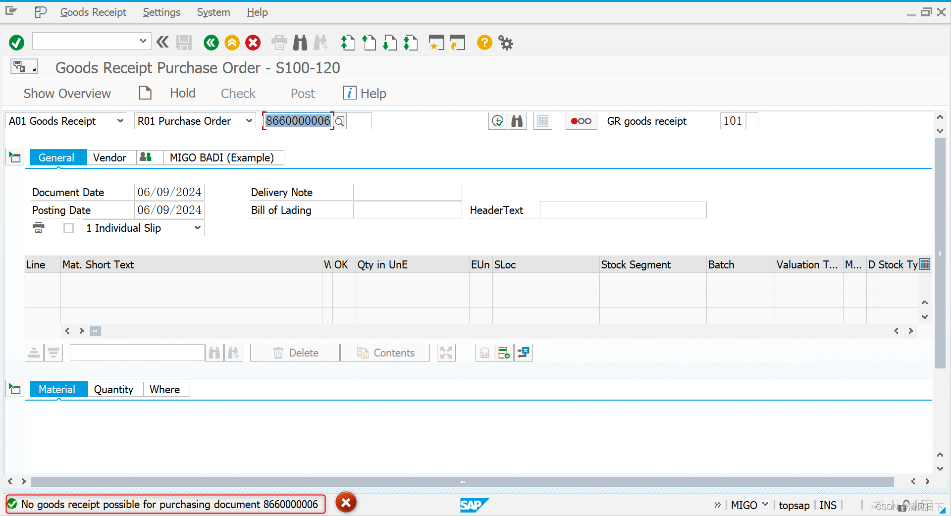 85 SAP报错：没有可用于采购凭证 8660000006 的收货(No goods receipt possible for purchasing document 8660000006 ...
