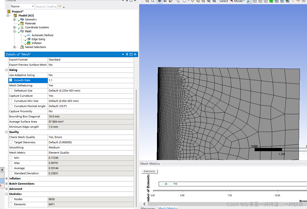 ansys mesh下面的sizing 下面的growth rate可以设定全局的网格生成增长比例，并改变网格数目的，但是改变能力有限。_网格growth rate-CSDN博客