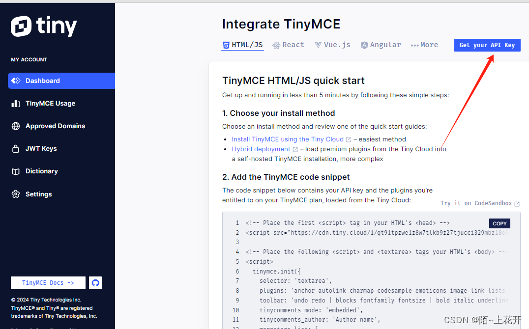 vue3中tinymce5.1.1基础配置、使用api-key、上传图片、自定义按钮_tinymce apikey-CSDN博客